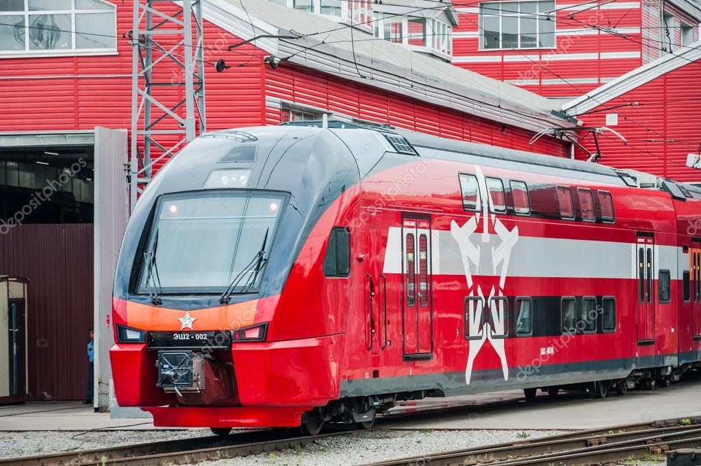 Train ES2-002 Stadler KISS RUS (AERO) "Eurasia" in depot of a name of ...