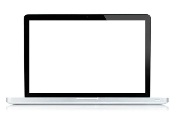 Laptop weißer Bildschirm auf isoliertem Weiß. Reflexlicht auf dem ...