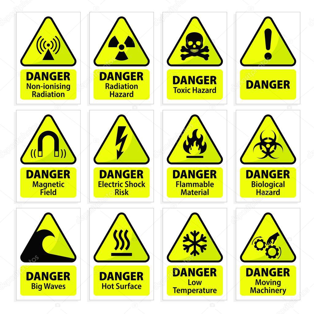 Vector con 12 señales de advertencia. Peligro, Peligro tóxico, Peligro ...