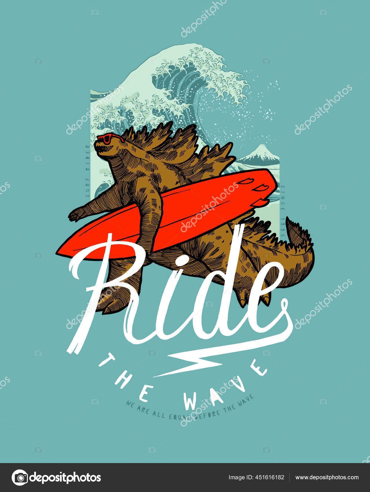 Godzilla Surfboard Front Kanagawa Wave Surfing Character Typography ...