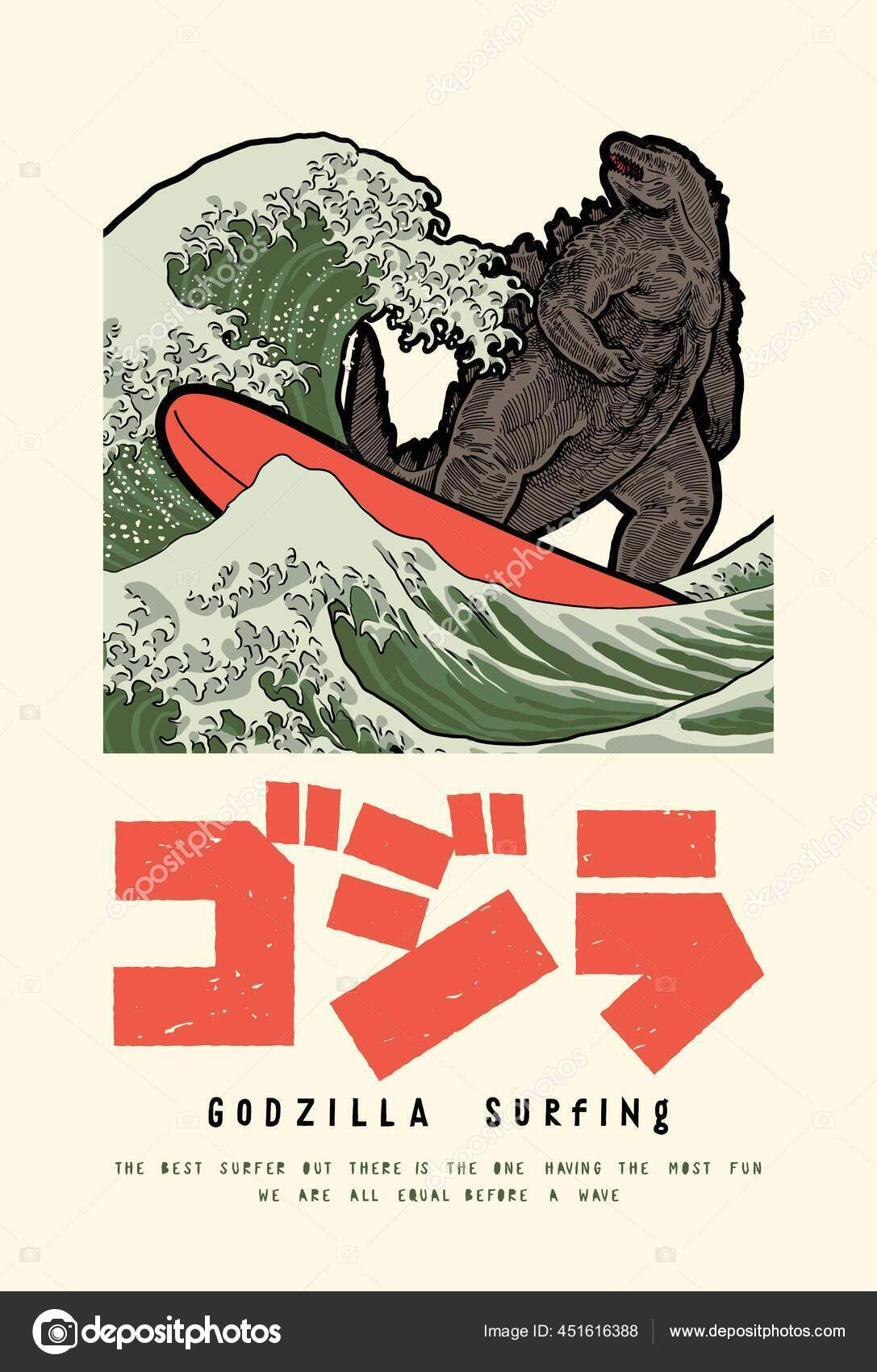 Godzilla Surfeando Gran Ola Kanagawa Impresión Camiseta Tipografía ...