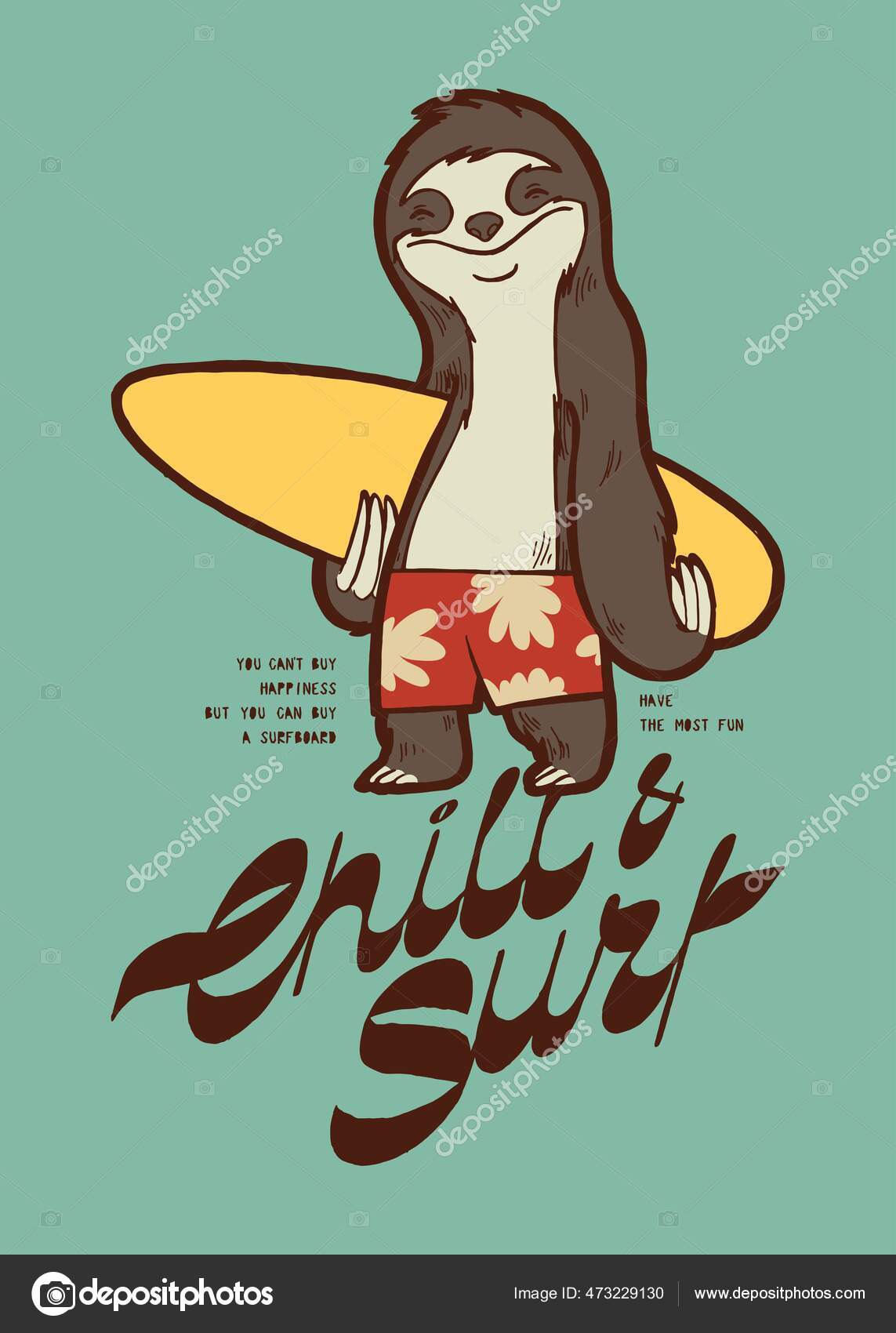 Cute Sloth Surfing Character Chill Surf Vintage Typography Summer ...
