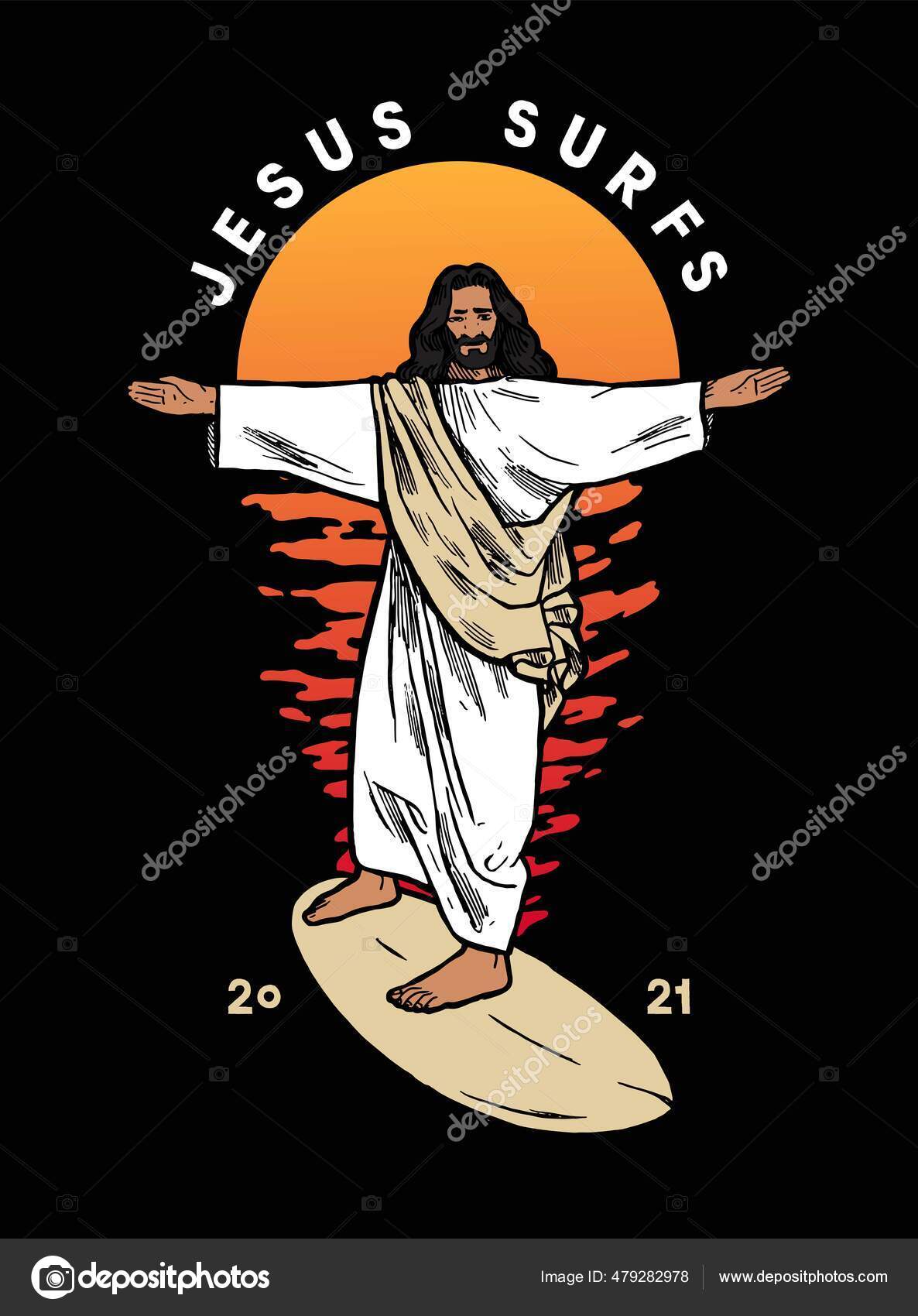 Jesus Surfs Jesus Saves Funny Surfing Christian God Character Standing ...