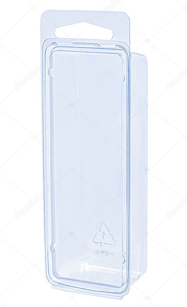 Contenedor de plástico sobre fondo blanco, embalaje, primer plano ...
