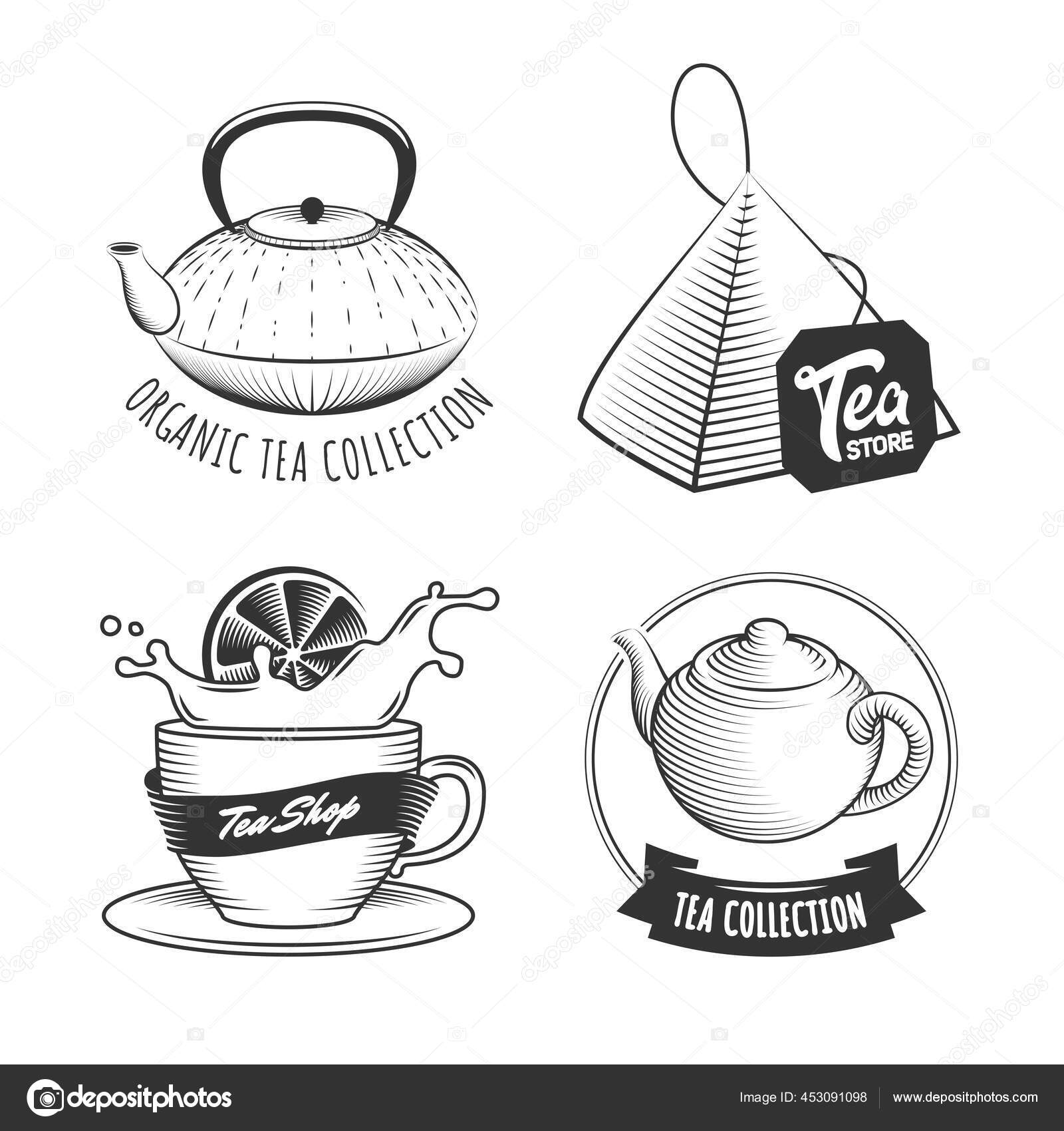 Tea Shop Logos Vector Tea Store Badges Teapots Cups Accessories Stock ...