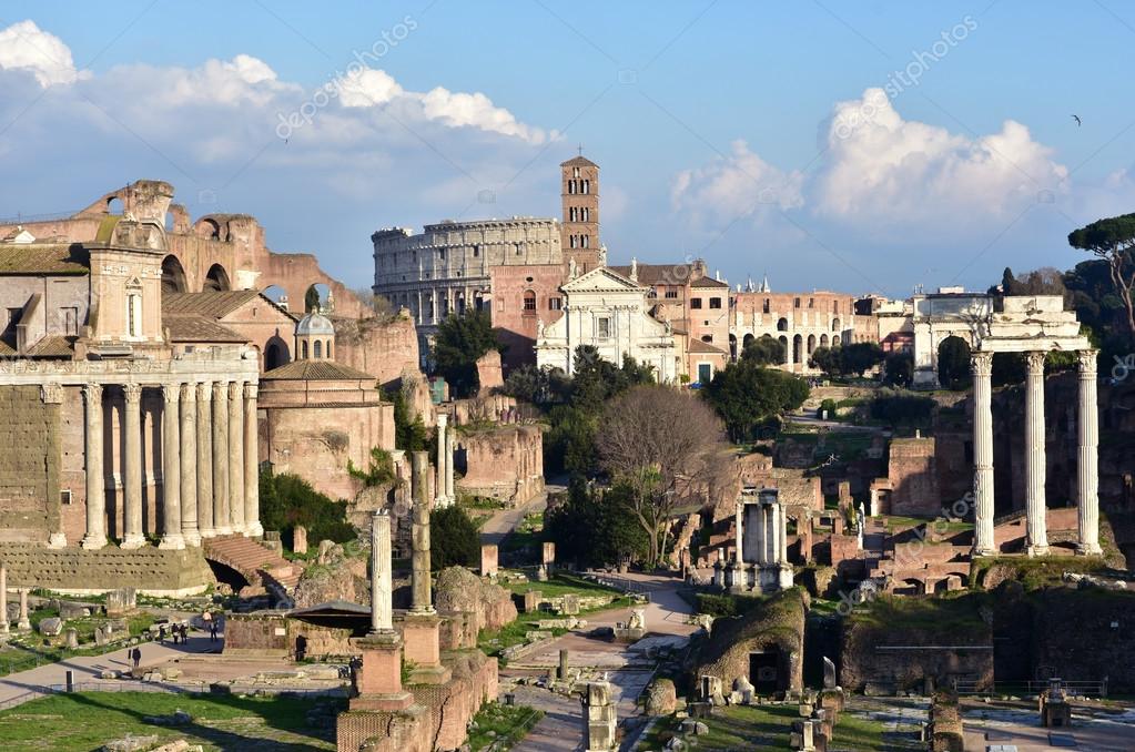 Roman Forum with temples, columns, churches and shadows — Stock Photo ...