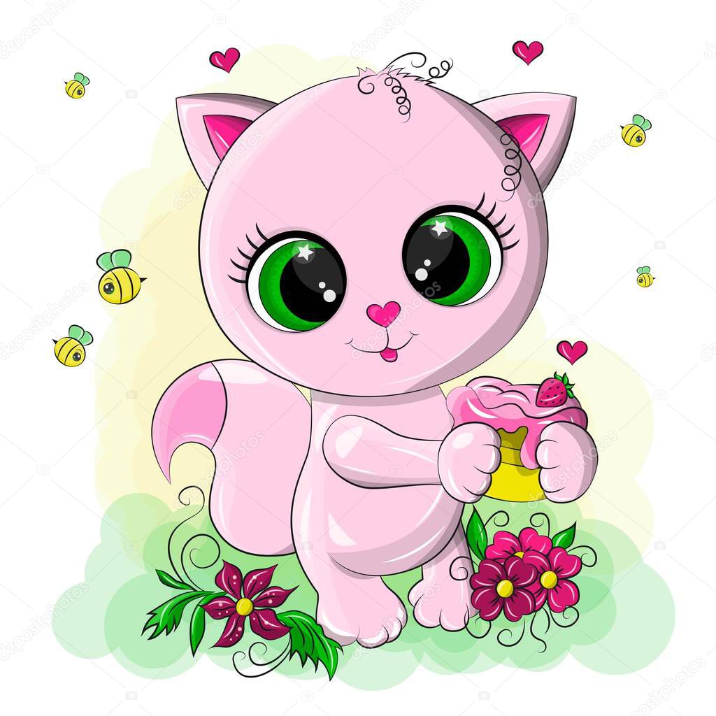 Hermoso gatito rosa con un pastel en sus patas. El gato está hecho ...