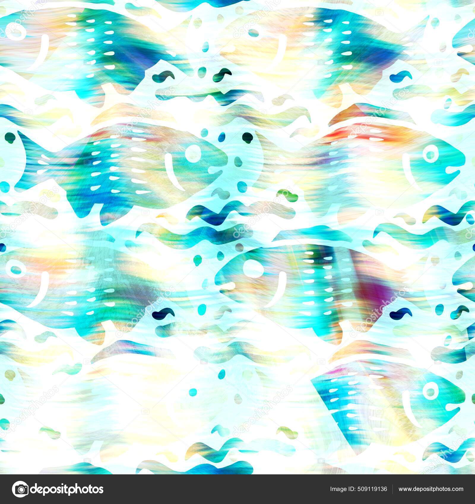 Batik fish tie dye wash background. Mottled underwater swimming fishes ...