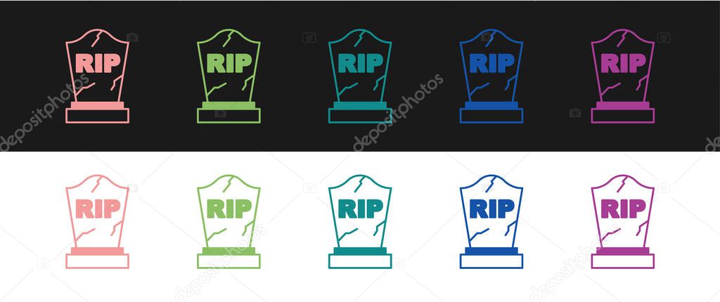 Establezca Tombstone con RIP escrito en él icono aislado sobre fondo ...