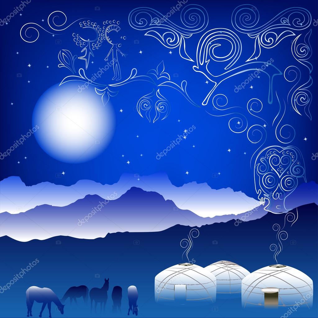 Illustration with traditional Kazakh pattern and sight Stock Vector ...