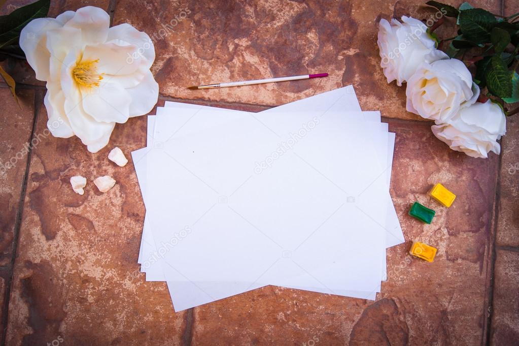 White paper on a stone wall background. Watercolor mock up for p Stock ...