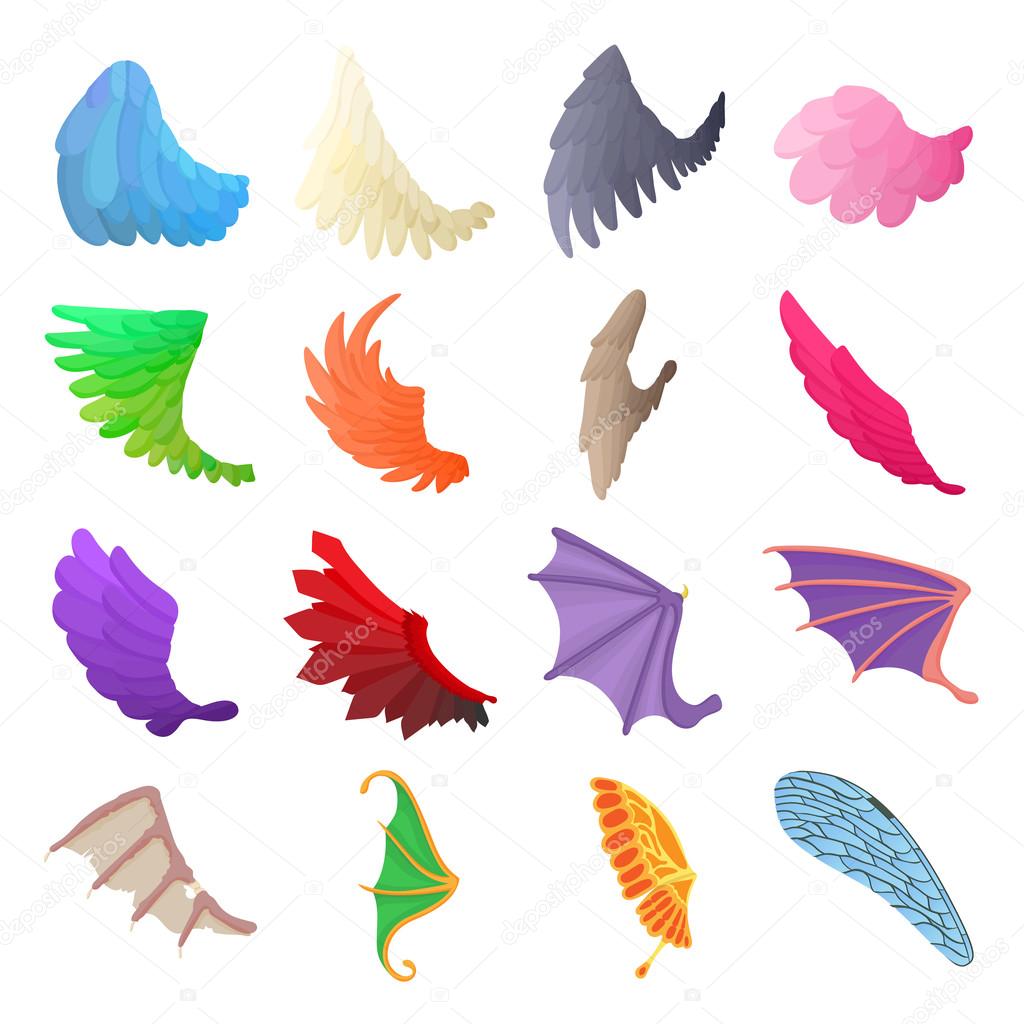 Conjunto de iconos de ala, estilo de dibujos animados 2022