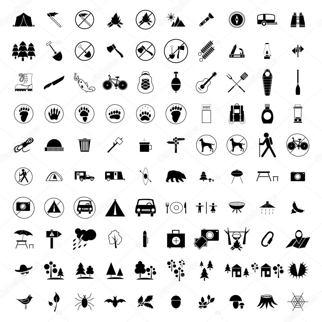 100 Camping icons set — Stock Vector © juliarstudio #92938298