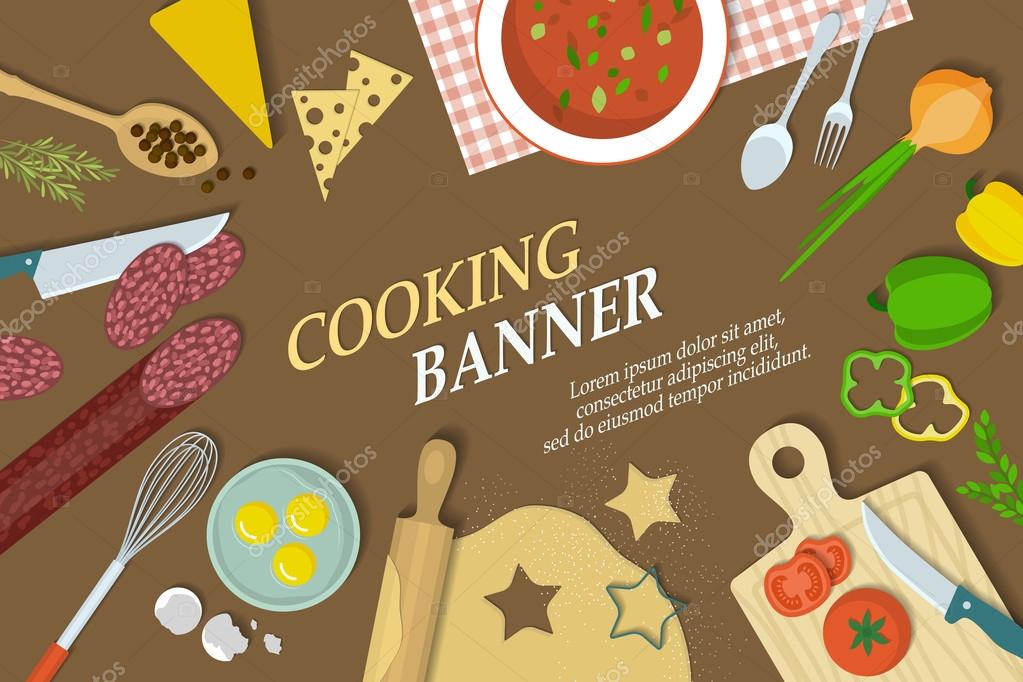 Cooking banner with kitchenware — Stock Vector © juliarstudio #95249174