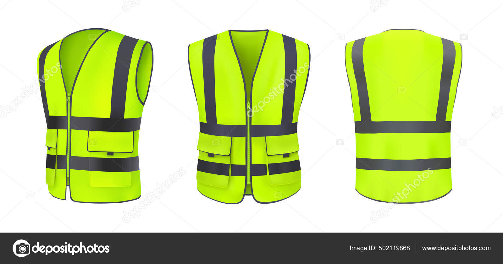 Safety vest front, back view and side. Yellow, light green jacket with ...