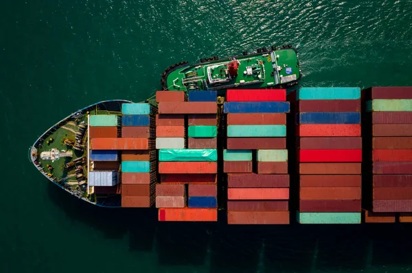Aerial top view from drone, Container ship or cargo shipping business ...