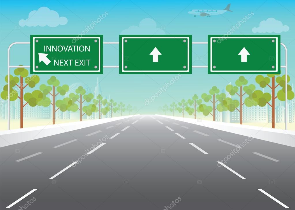 Road sign with innovation next exit words on highway. — Stock Vector ...
