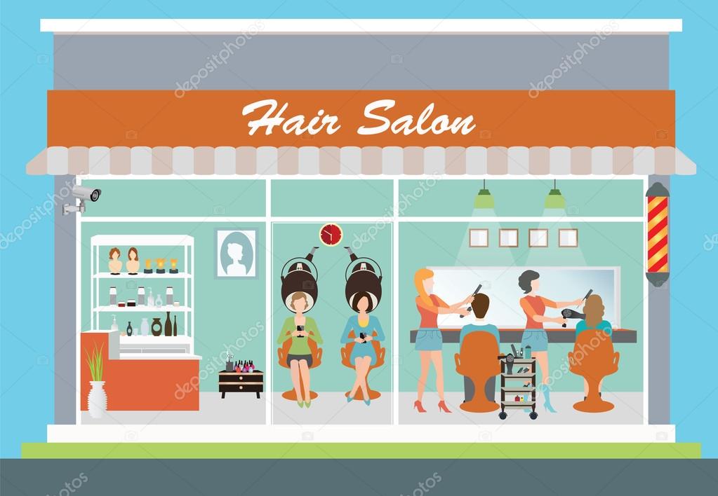 Hair salon building and interior. — Stock Vector © poemsuk #91777366