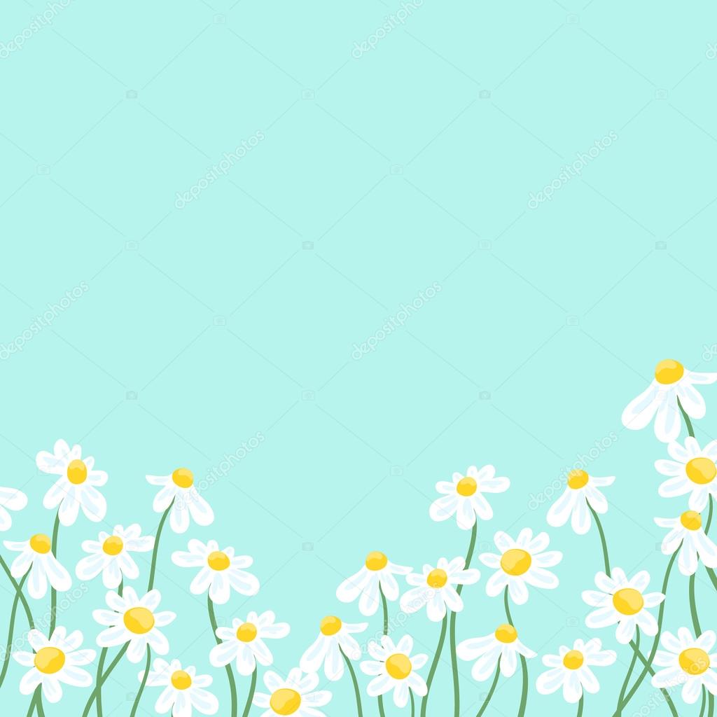 Greeting card with a blue background with white cartoon daisies on ...