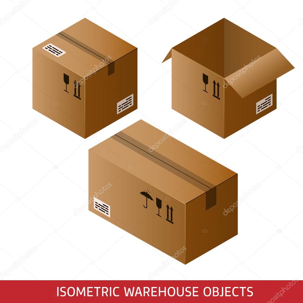 Set of isometric cardboard boxes isolated on white background. 3D ...