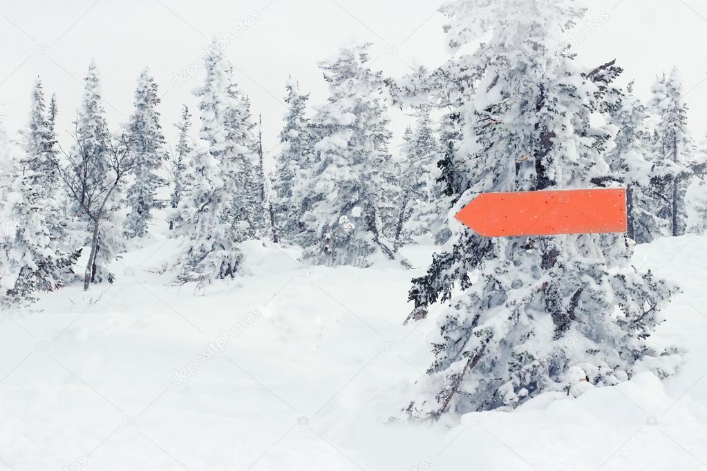 Red pointer arrow and snowy forest on the background. Mountain s Stock ...