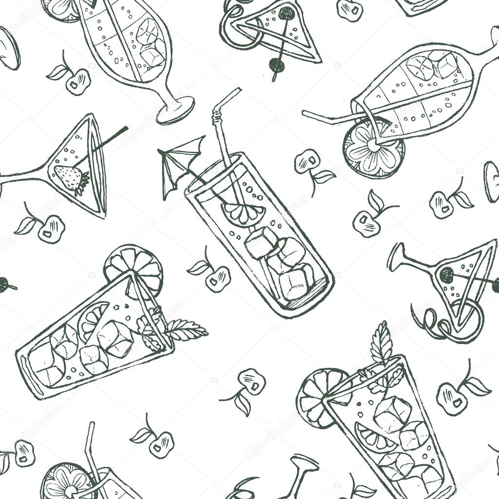 Seamless doodle cocktail pattern. Pastel color background with juice ...