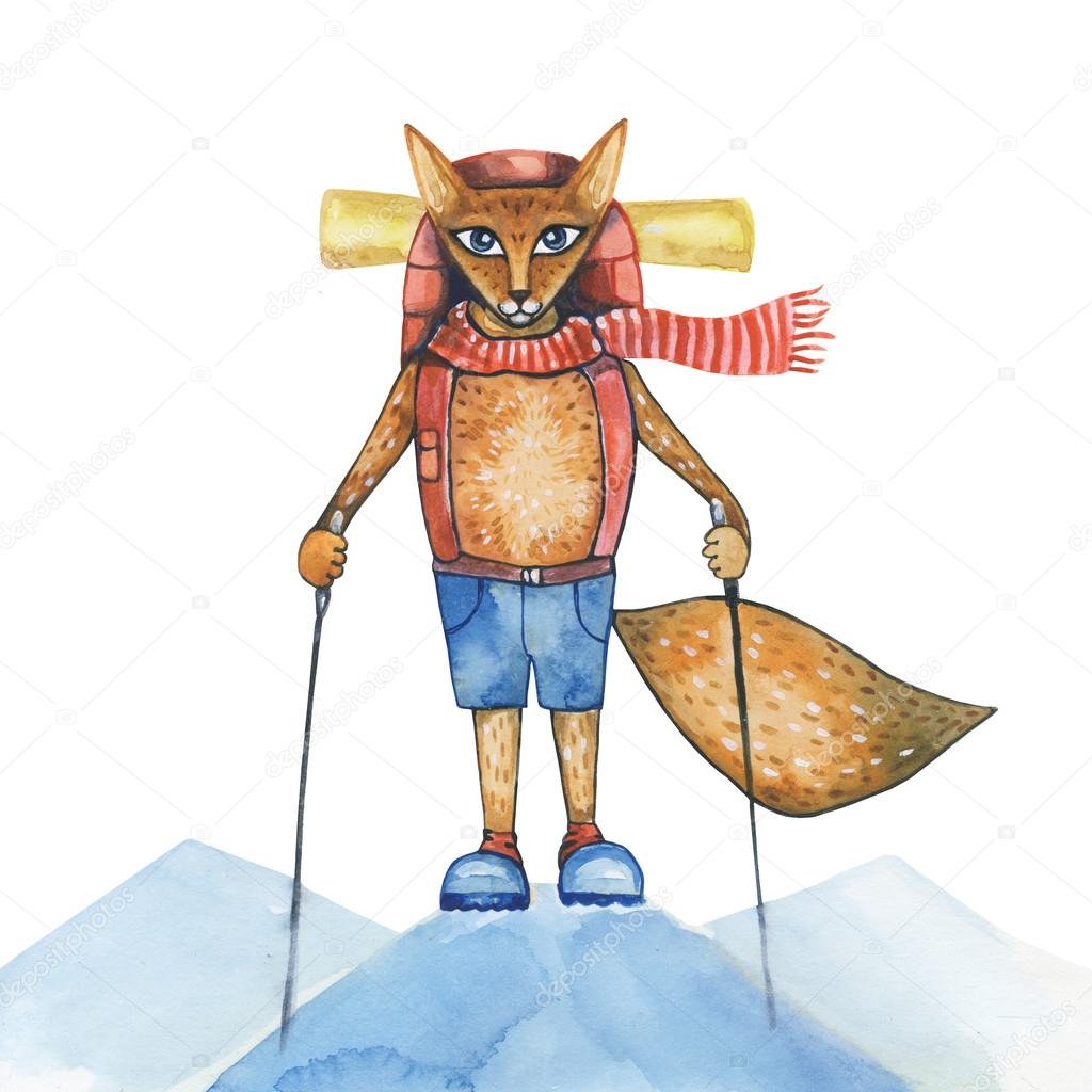 Cute hand drawn watercolor cartoon fox traveler on the top of th Stock ...