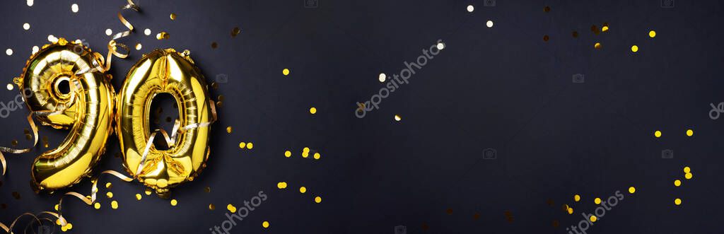 Gold foil balloon number, digit ninety. Birthday greeting card with inscription 90. Anniversary ...