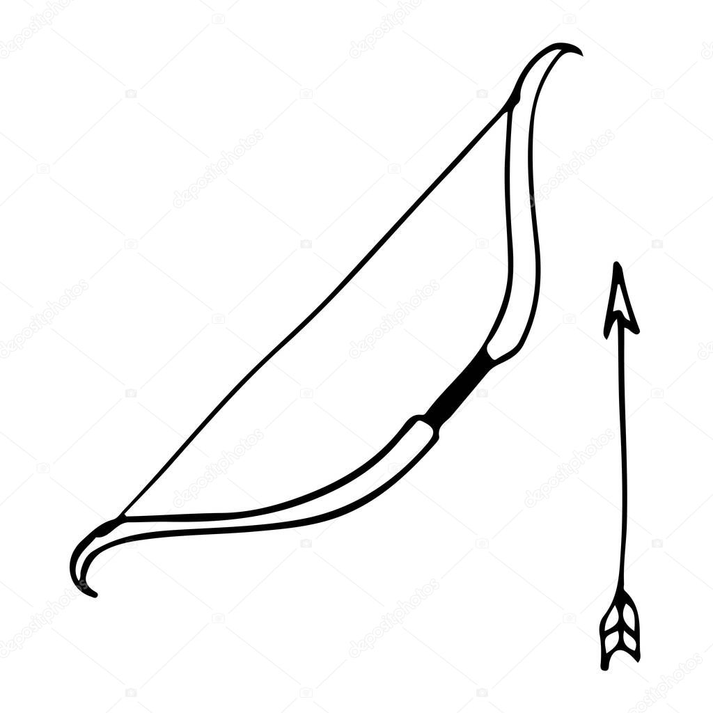 Arco simple y flecha en estilo doodle aislado. 2024
