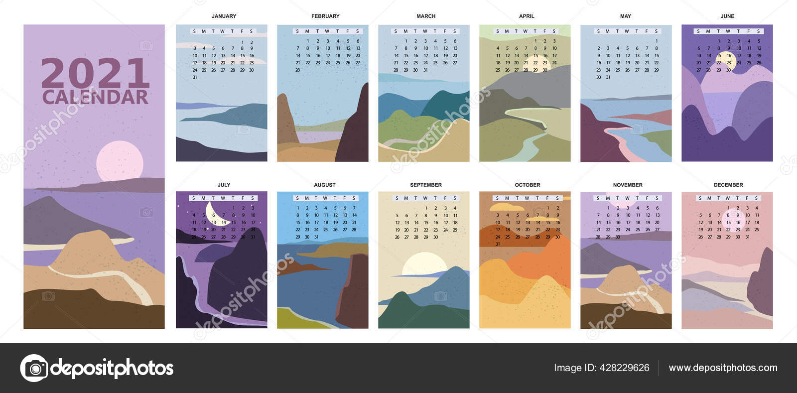 2021 Calendar minimalistic window view landscape natural backgrounds of ...