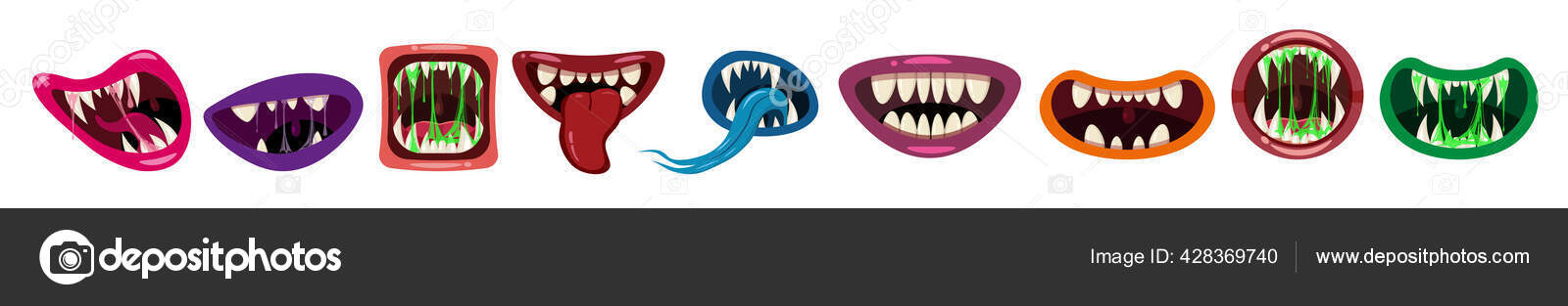 Set Monsters mouths creepy and scary Halloween. Funny jaws teeths ...