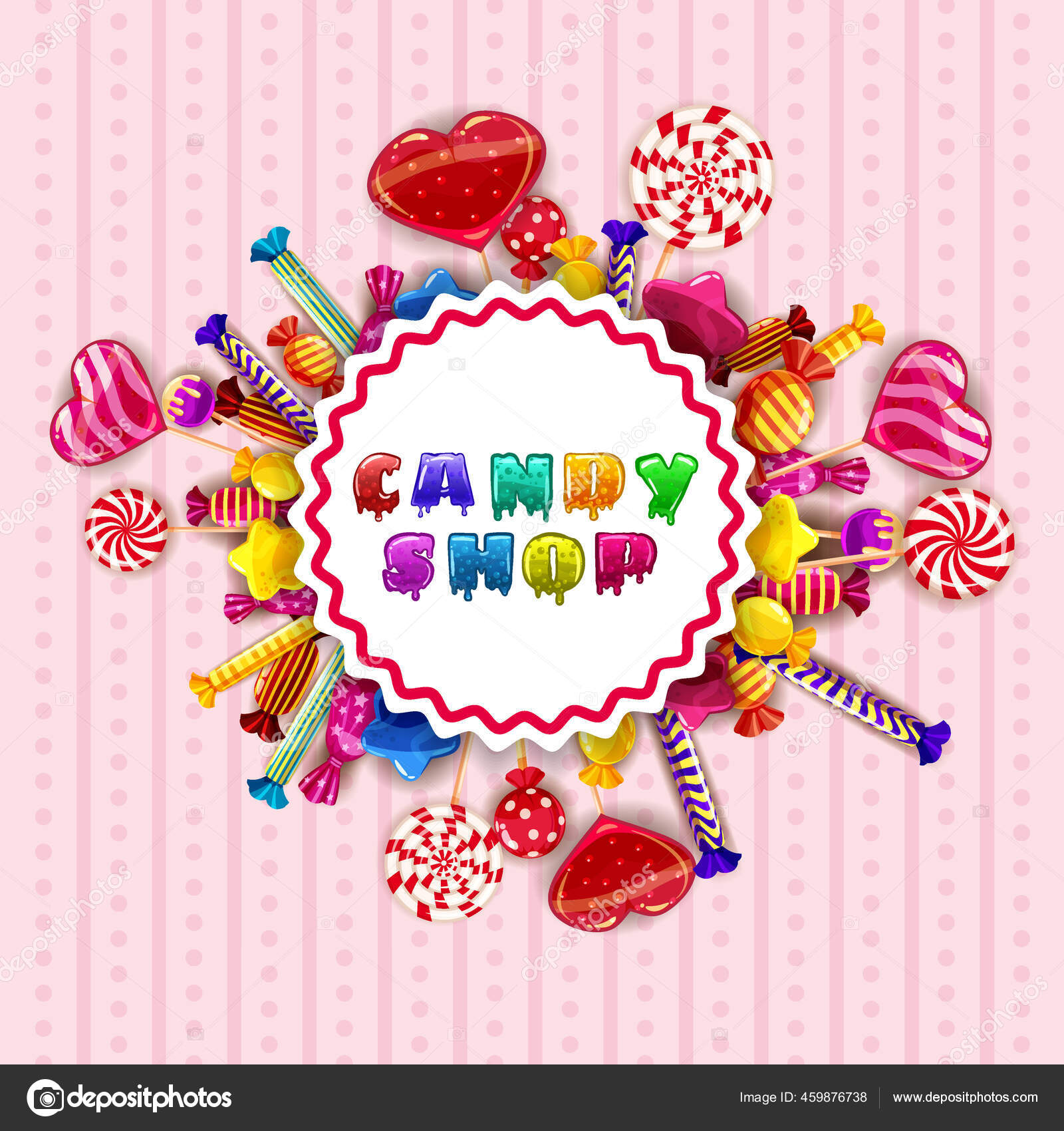 Candy Shop logo lable poster. Template background with colorful sweets ...