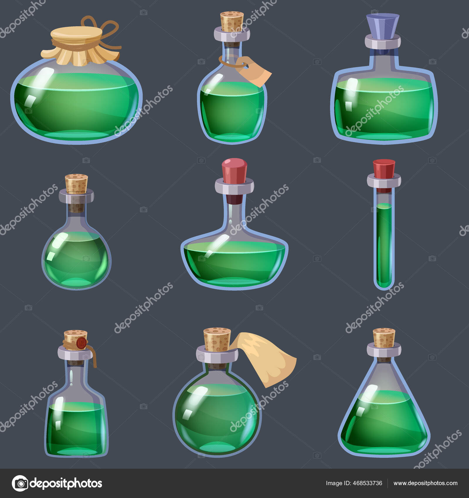 Set of magic Bottles liquid potion fantasy elixir. Game icon GUI for ...