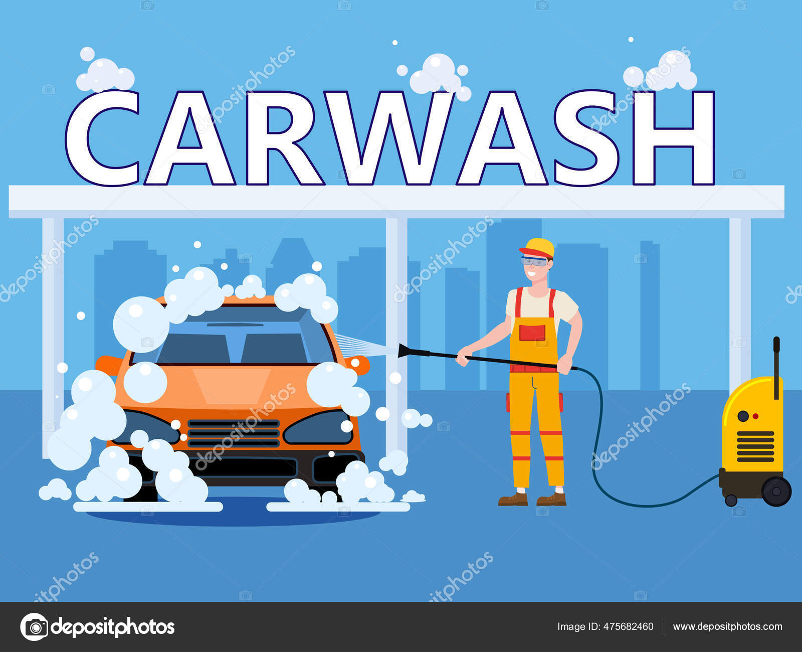 Stasiun Cuci Mobil. Tukang cuci mobil, mobil bersih, gelembung busa ...