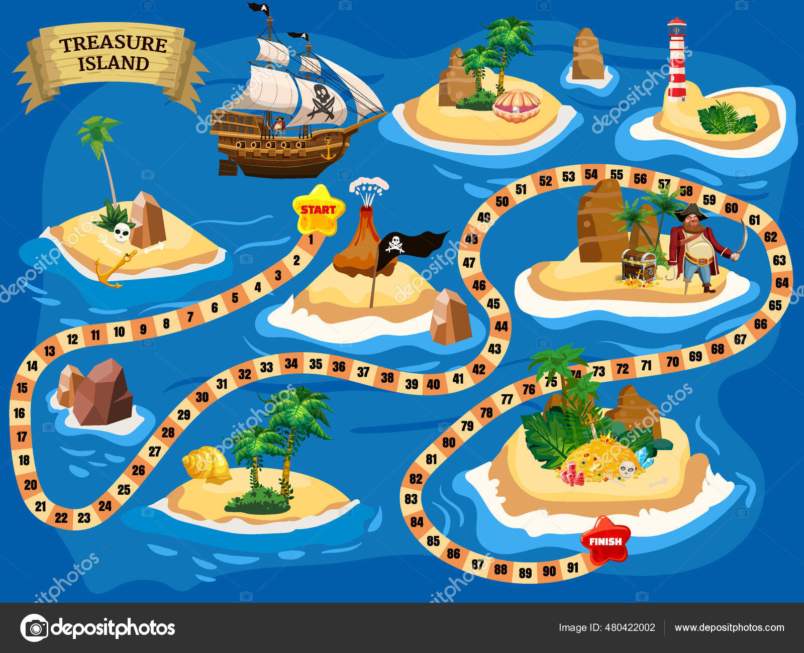 Treasure Island Pirate Board Game Map, Ocean Route. Travel adventure ... Treasure Island Pirate Board Game Map, Ocean Route. Travel adventure ...