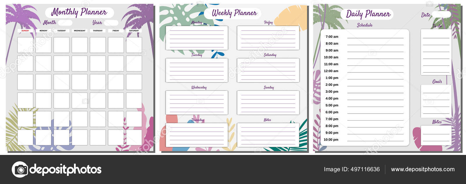 Monthly, Weekly, Daily Planner Set template vector. Palms floral ...