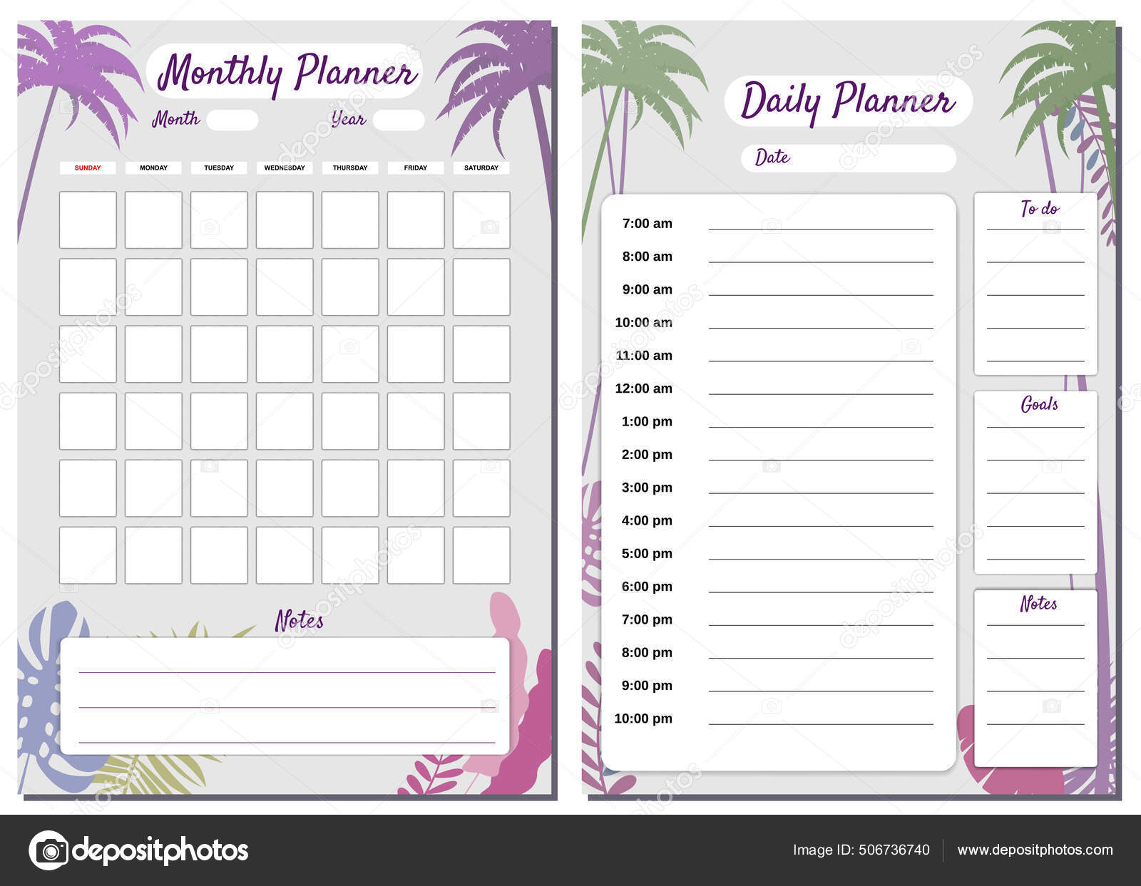 Monthly, Daily Planner Set template vector. Palms floral decoration ...