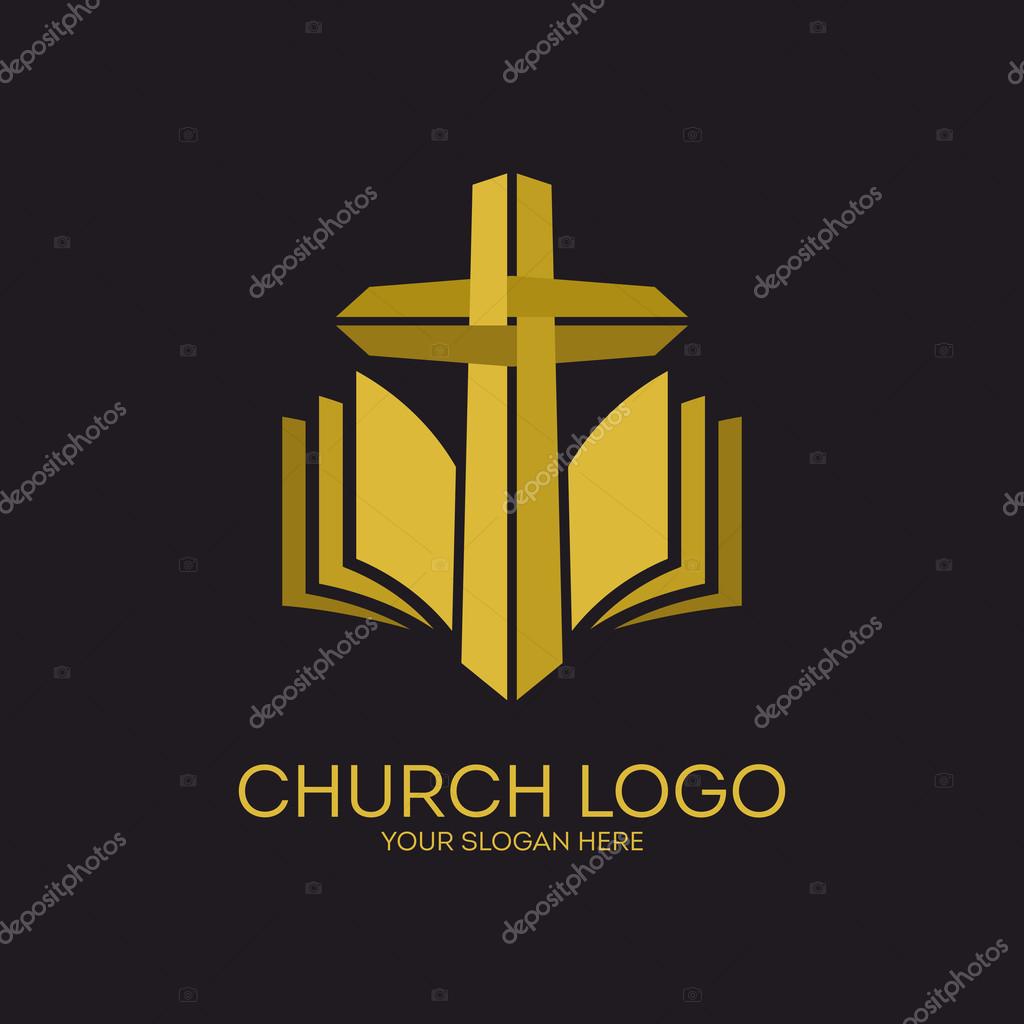 Church Logo Christian Symbols Gold Cross And Holy Bible Stock Vector