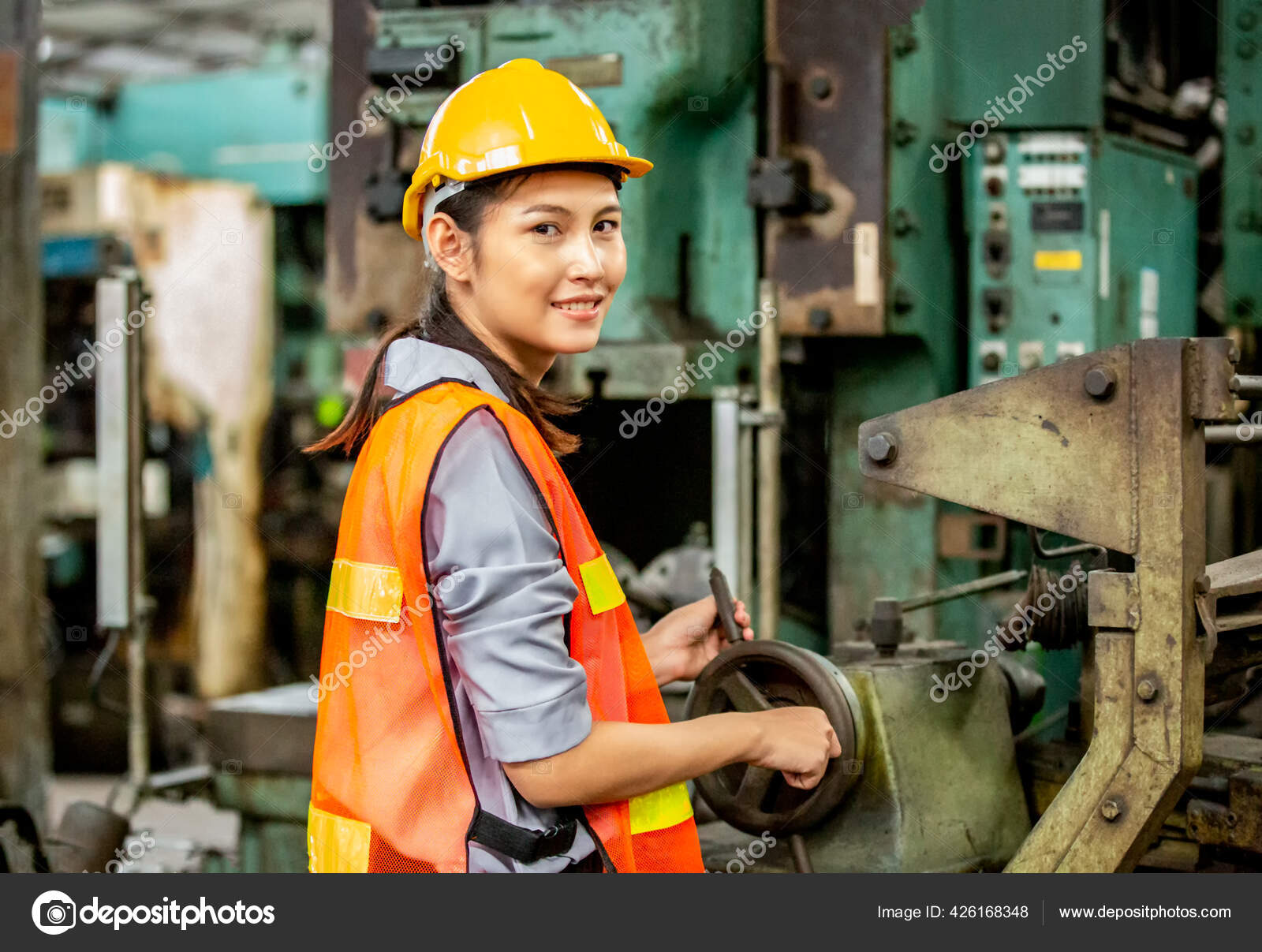 Female Engineers Operating Cnc Machine Factory Portrait Smiling Worker ...