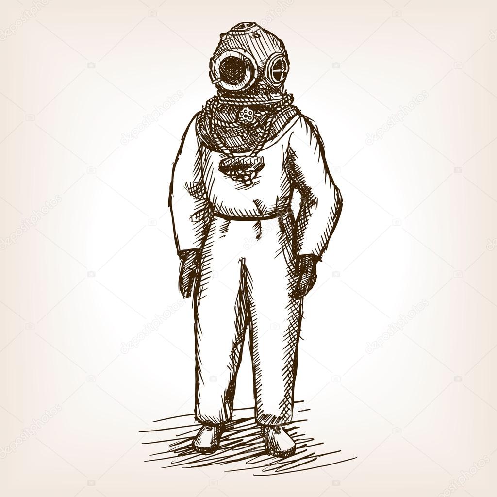Vintage diver man with diving dress sketch vector Stock Vector Image by ...