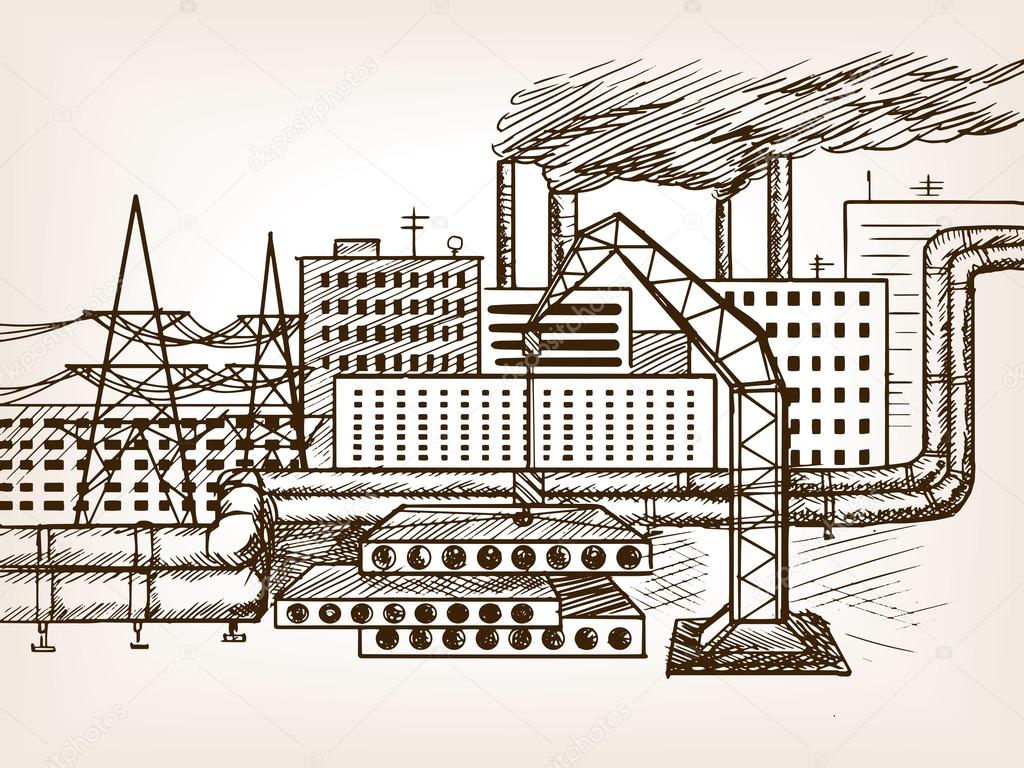 Ilustración de vector de dibujo de paisaje industrial — Archivo ...
