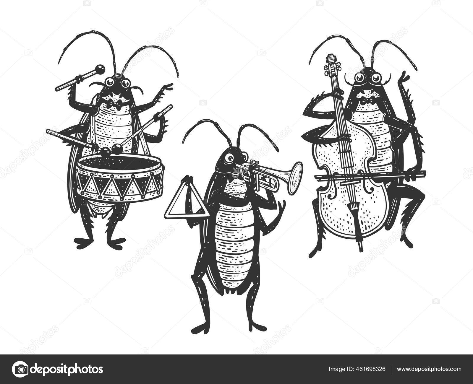 Cartoon cockroach orchestra playing the trumpet double bass drum sketch ...