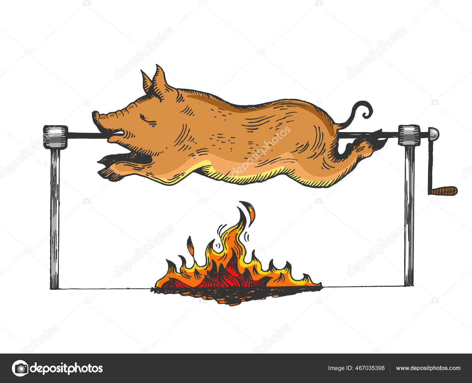Piggy on spit color sketch engraving vector illustration. Scratch board ...