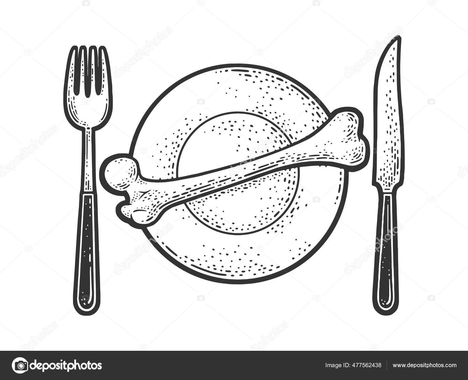 Bone on plate line art sketch engraving vector illustration. T-shirt ...