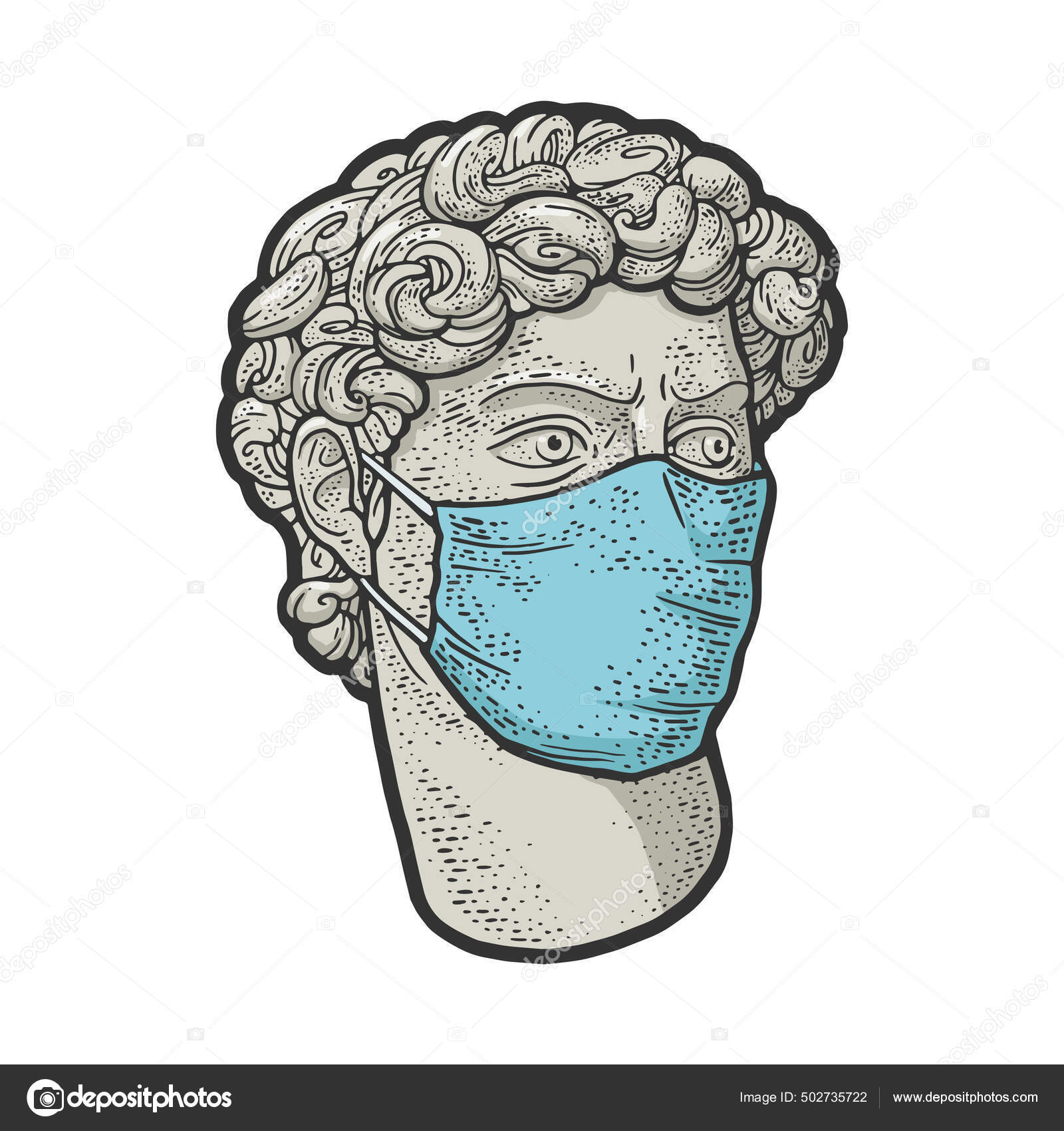 Head of a statue of david in medical mask color sketch engraving vector ...