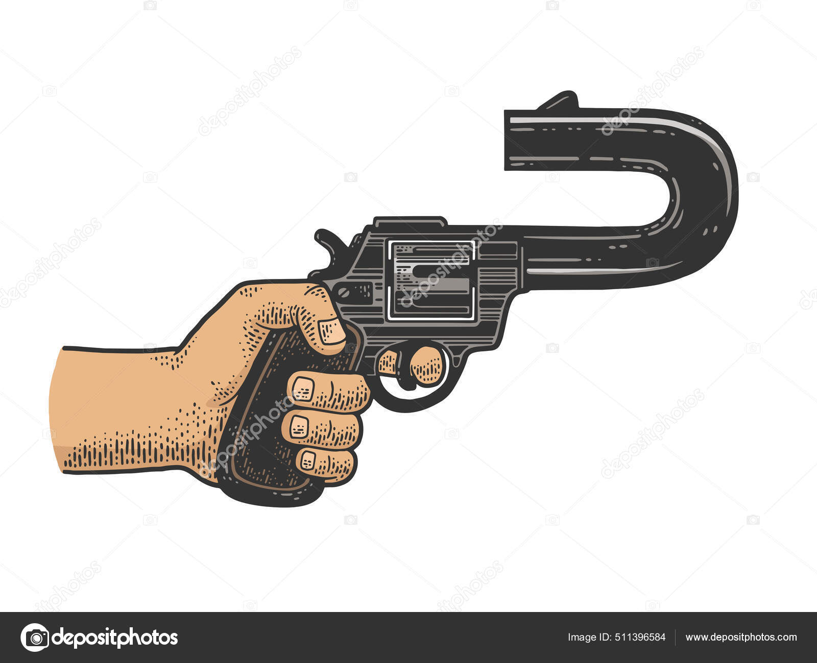 Absurdo revólver con un cañón curvado apuntando hacia atrás ilustración ...