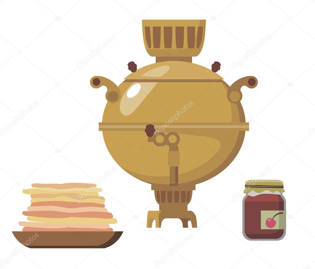 Samovar y comida tradicional rusa. Bienvenido a Rusia. 2023