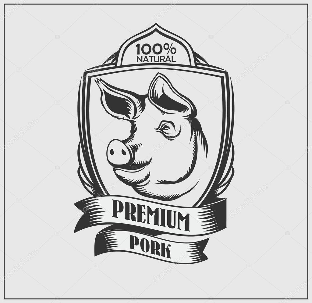 Pig head premium label. Logo butcher. Vector monochrome design. Stock ...