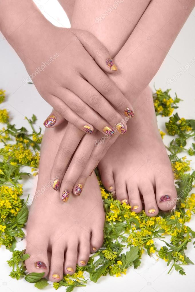 Beautiful female feet and hands with pedicure and manicure Stock Photo ...