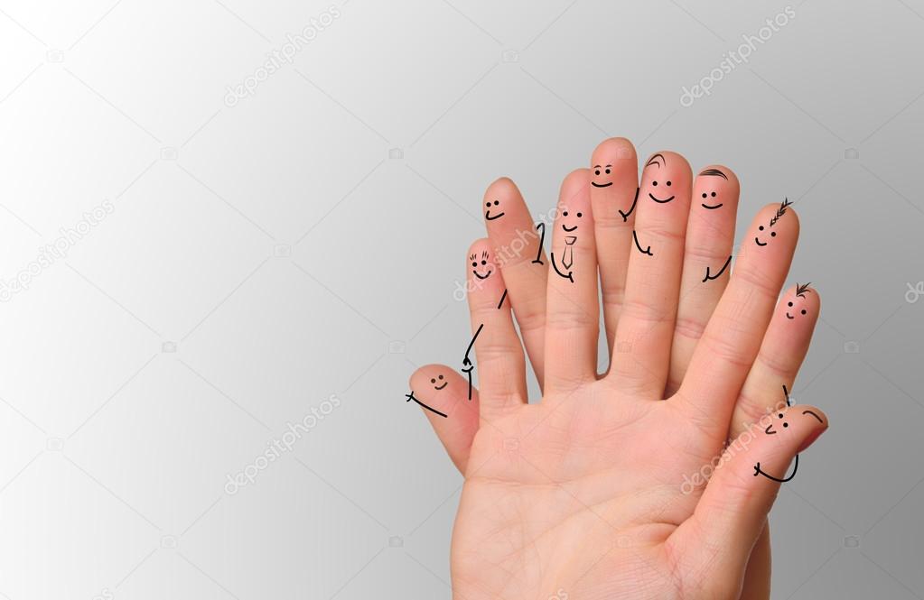 Happy group of finger smileys. Fingers representing a social network ...